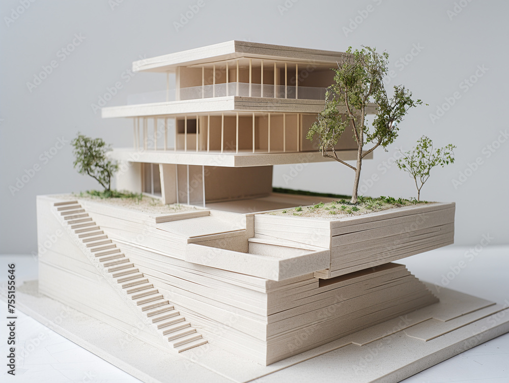 A detailed architectural model showcases a modern multi-level building ...