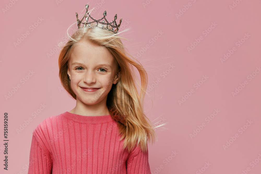 Happy Little Girl in a Pink Princess Crown Celebrating her Birthday ...
