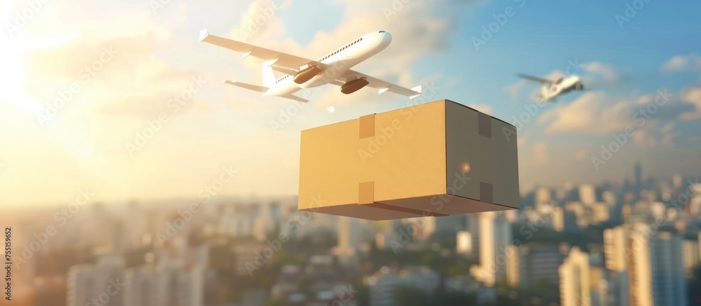 Flying cardboard box with sky and plane background Stock Photo | Adobe ...