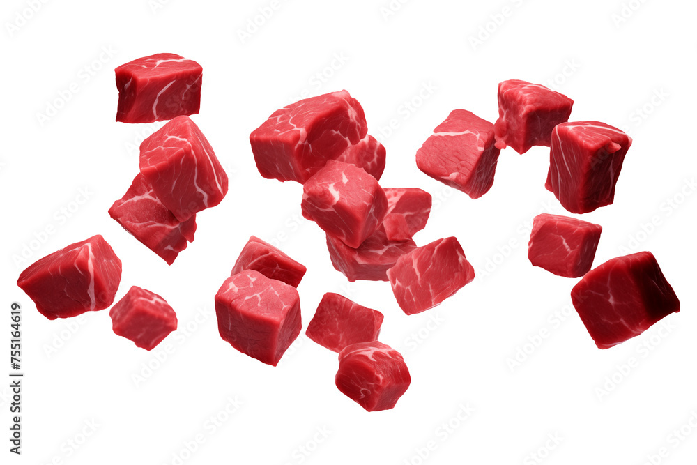 Sliced Falling meat beef cubes PNG in motion isolated on a white and ...