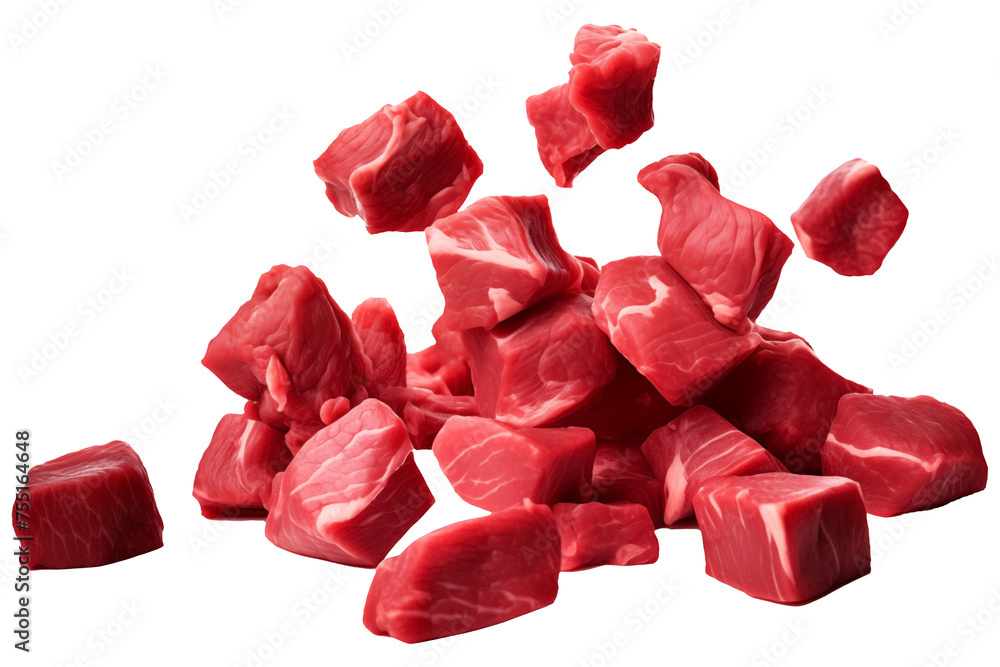 Sliced Falling meat beef cubes PNG in motion isolated on a white and ...