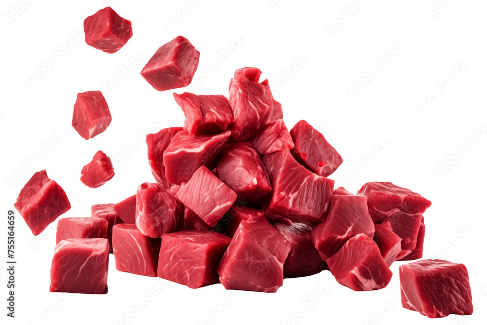 Sliced Falling meat beef cubes PNG in motion isolated on a white and ...