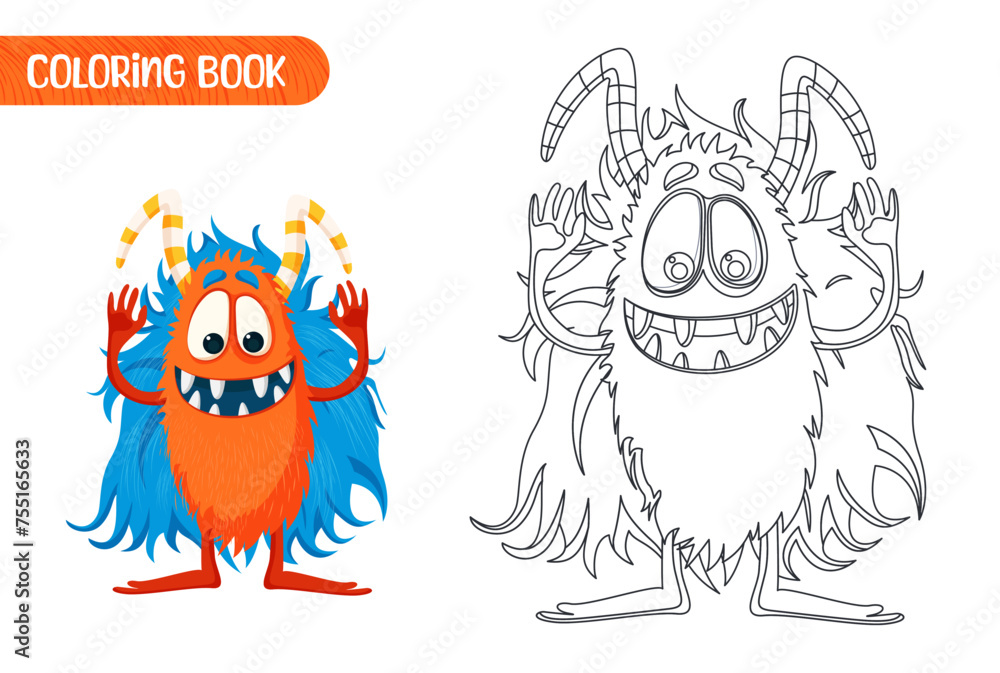 Coloring book for kids. Worksheet for drawing with cartoon monster ...