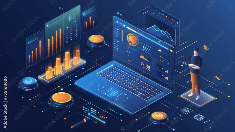 Digital analytics and data visualization with isometric character ...