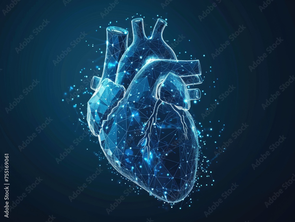 The heart is intricately modeled in shades of blue, symbolizing its ...