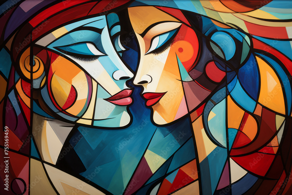 Couple in an abstract cubist or cubism style painting. Love or ...