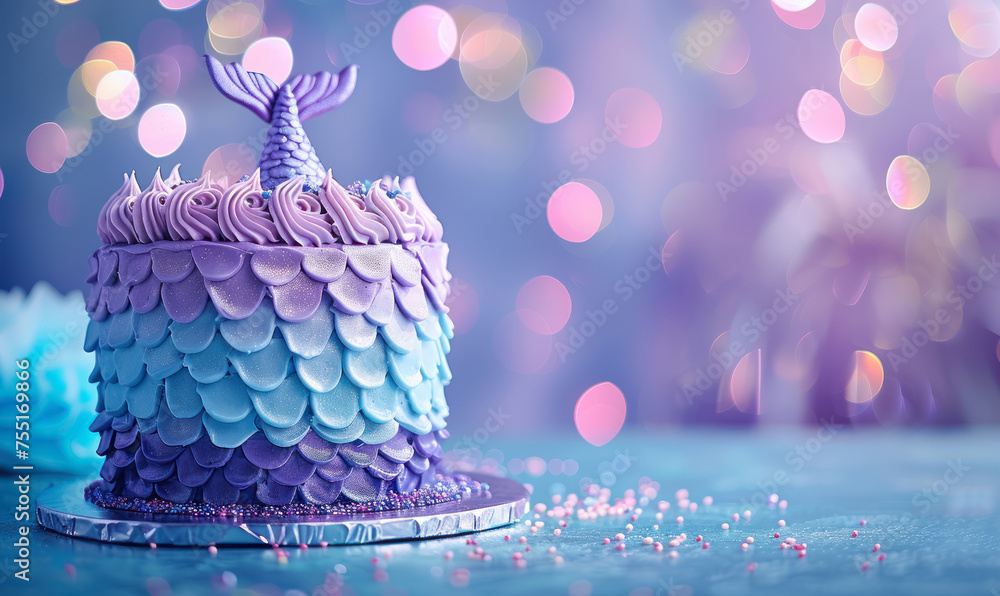 mermaid tail cake with purple and blue fondant scales on sparkling ...