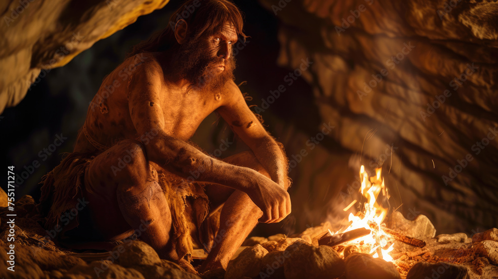 Bearded neanderthal man sits by fire in cave at night, caveman and ...