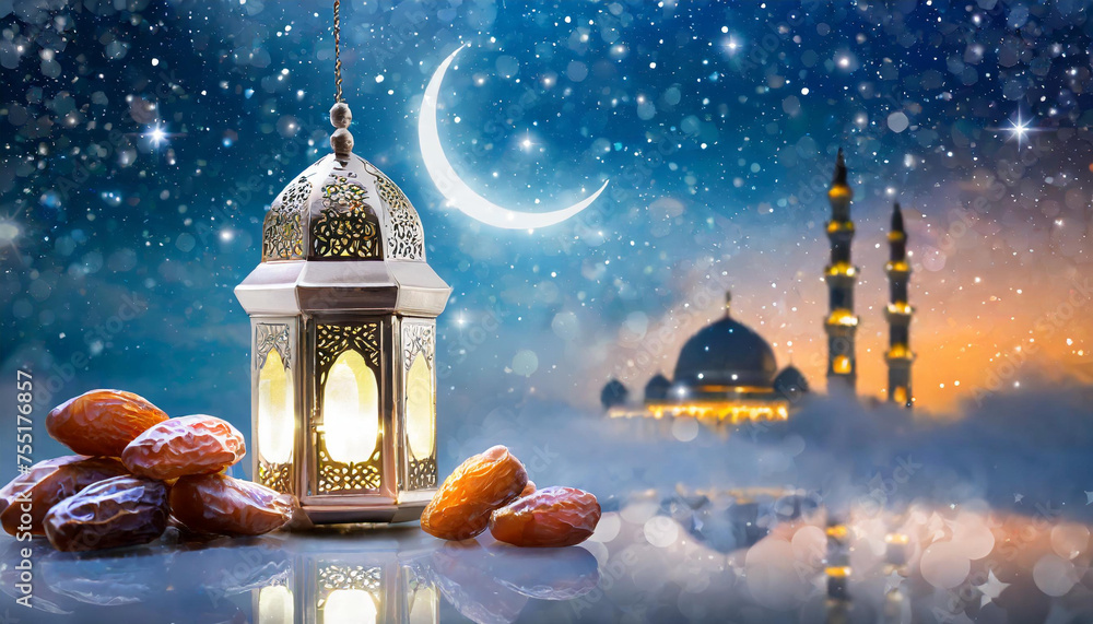 EID MUBARAK 2024 1445 H. islamic lantern, date fruits and night sky ...