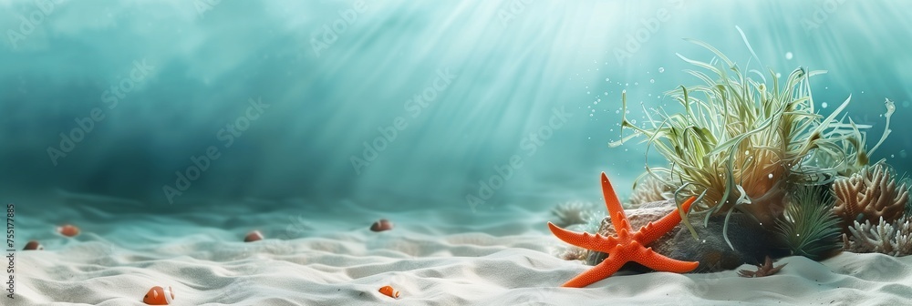 Beautiful nautical theme banner with starfish, beach sand, sea plants ...