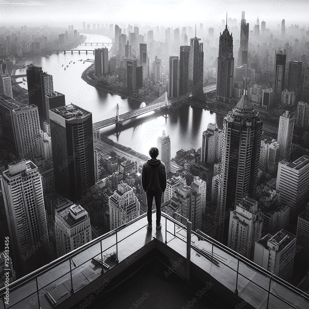 Silhouetted individual overlooking intricate cityscape from rooftop ...