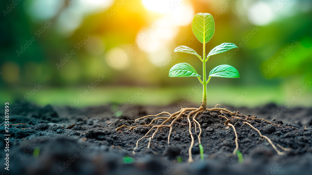 Pequena plantinha mostrando suas raízes crescendo na terra. Uso ...