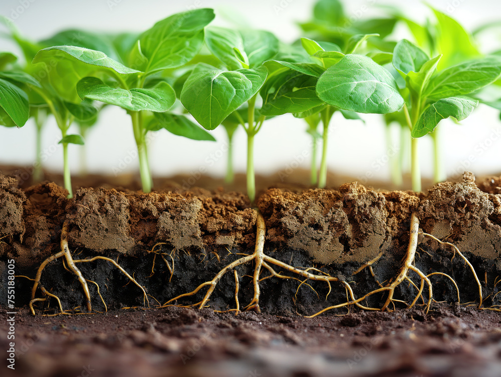 Pequena plantinha mostrando suas raízes crescendo na terra. Uso ...