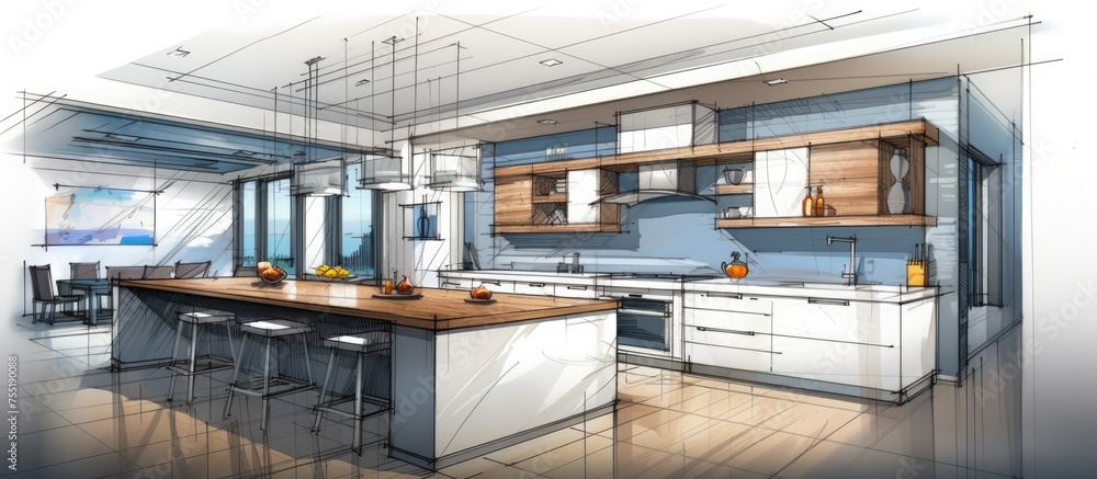 A detailed drawing of a modern kitchen featuring a table and chairs ...