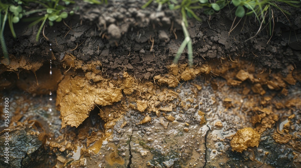 A close-up of soil erosion, a consequence of deforestation, with rain ...