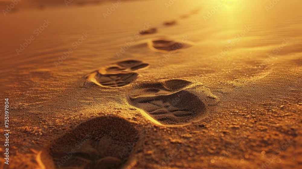 Footprints in the sand, heavy to faint, show the journey to reach a net ...