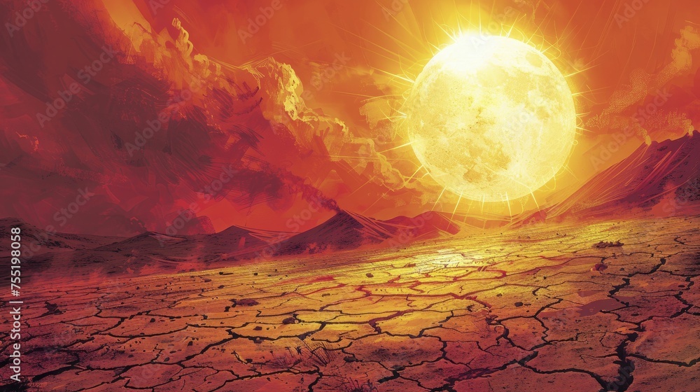 A parched terrain under intense sunlight illustrates worsened drought ...