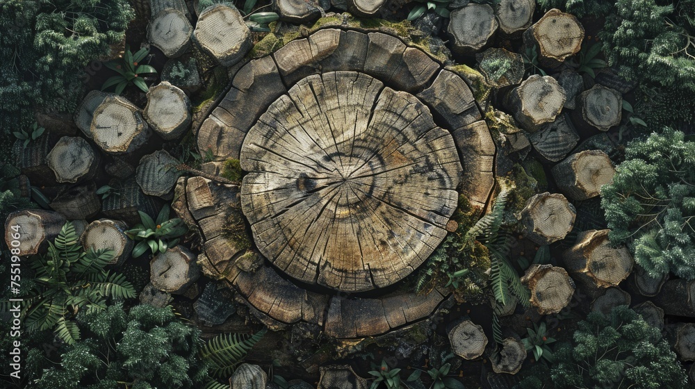 A cross section of a tree stump surrounded by stumps, representing the ...