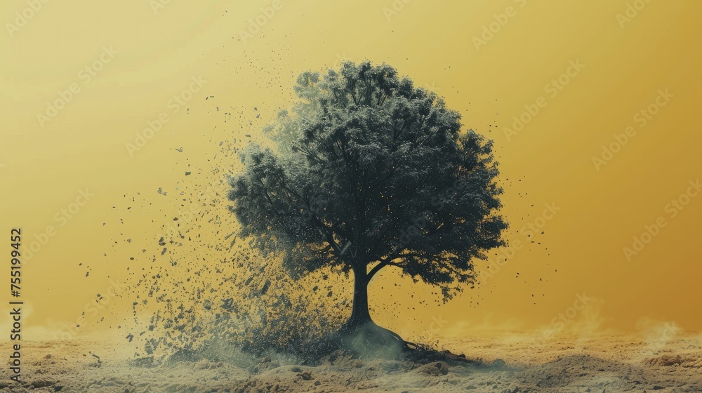 A visual allegory of a tree turning into ash and dust, representing the ...