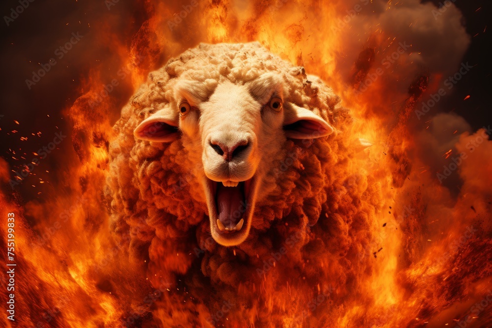 Terrifying Nightmare sheep with fire flames. Horrified scary lucifer ...