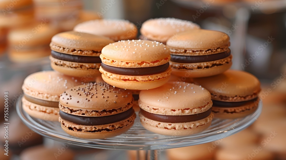 Assorted gourmet macarons on a display stand. delicate french pastries ...