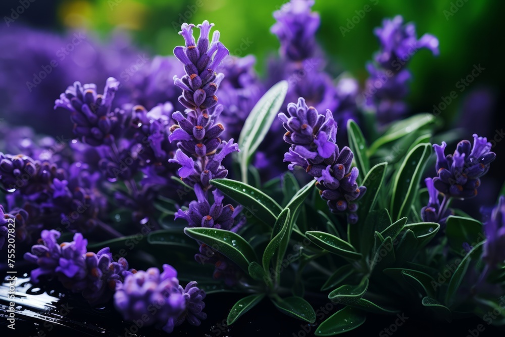 A cluster of green lavender plants emitting a soothing aroma, with ...