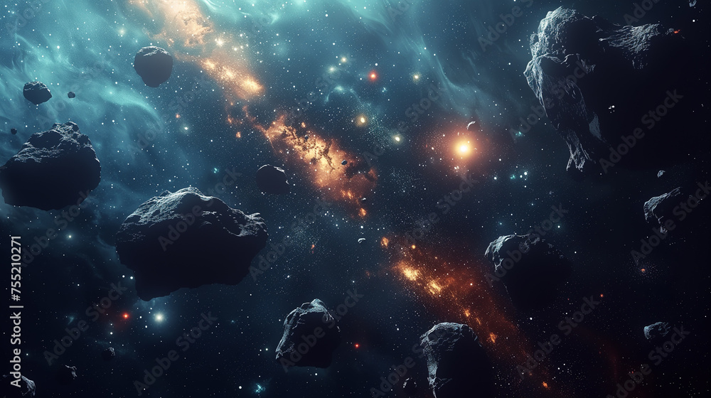 Asteroid belt with glowing rocks and cosmic dust in deep space ...