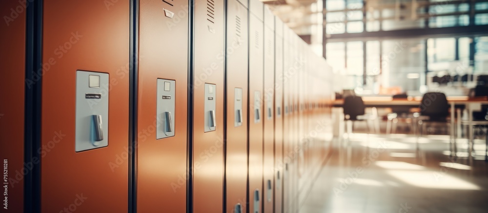 A row of lockers is neatly aligned in a large room, creating a ...