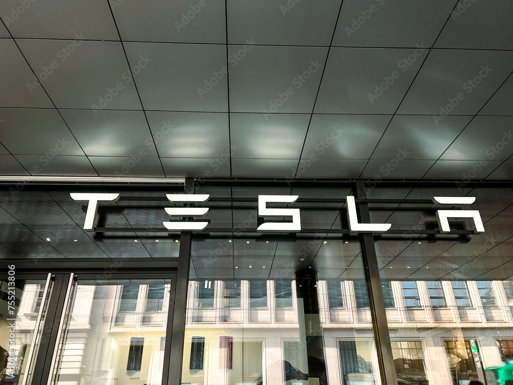 Basel, Switzerland, Europe, July 18, 2023, TESLA dealership storefront ...