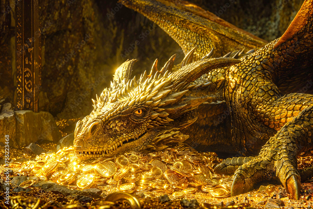 Dragon sitting on a pile of gold treasure, mythology, Beowulf, Fafnir ...