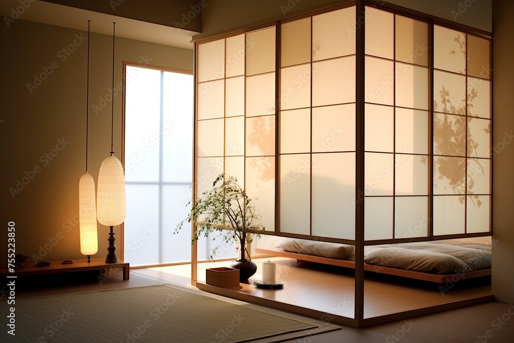 Japanese Minimalist Bedroom: Rice Paper Partition Light Diffusion Stock ...