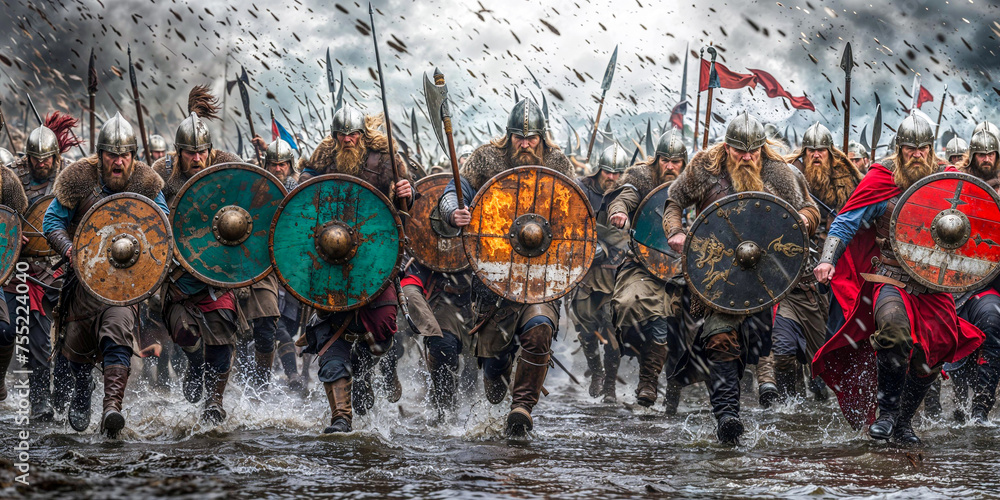 Viking warriors charging into battle, wide banner, action, dramatic ...