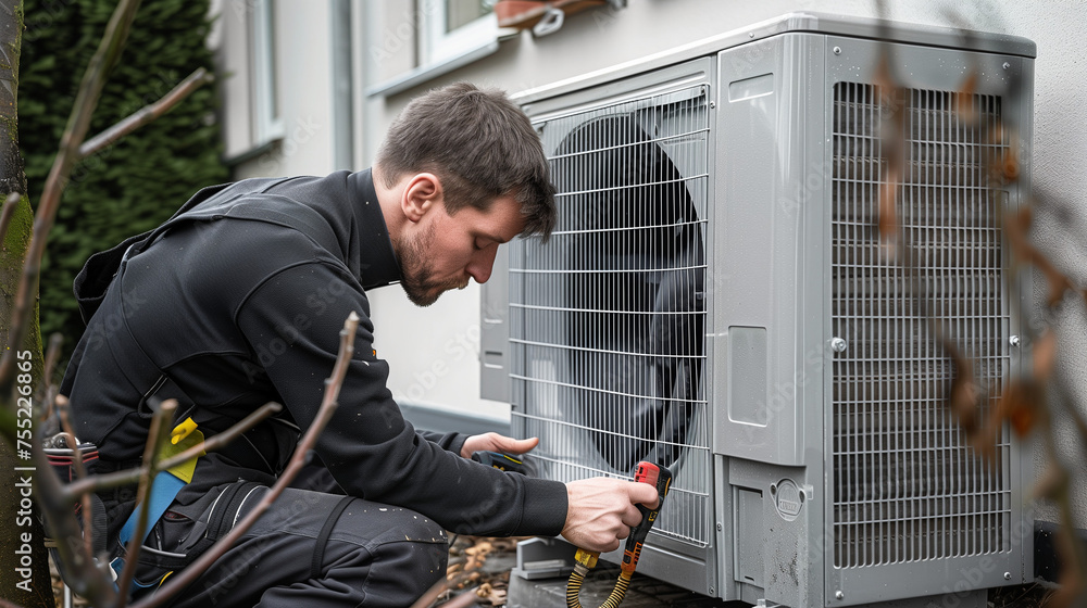 Engineer workers installing an air source heat pump unit outdoors at a ...