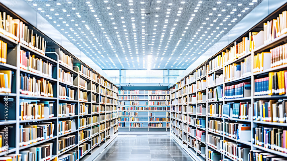 Bright modern library interior with rows of bookshelves filled with ...