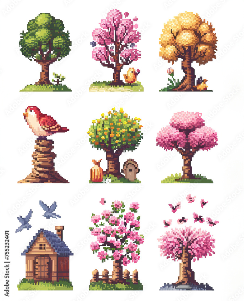 Retro Vintage Pixel Art Old Game Graphics Set Bundle Of Flowers Floral Botanical Tree Plant