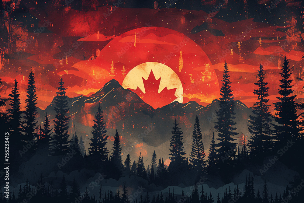 stylized depiction of the Canadian flag with elements of nature ...