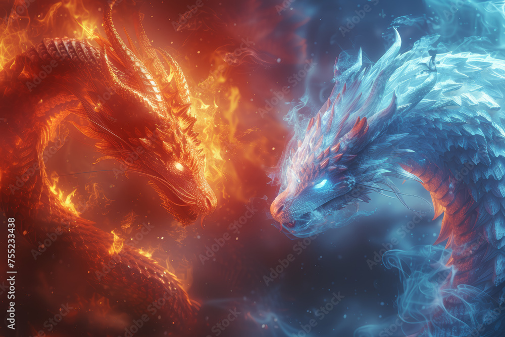 A fiery serpent entwined with a frosty dragon, symbolizing the eternal ...