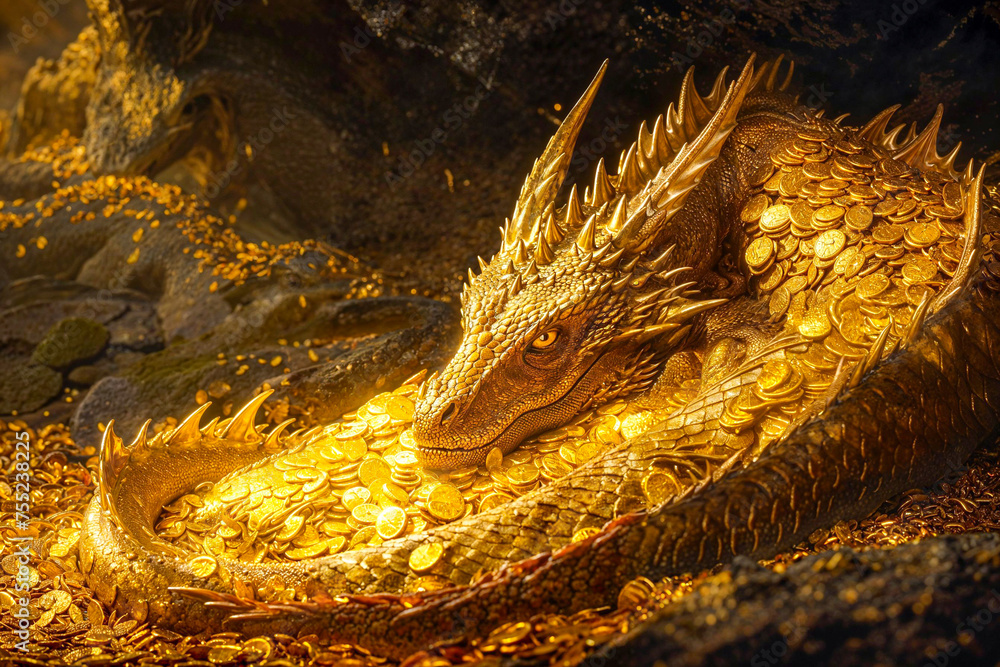 Dragon guarding a pile of gold coins, mythology, Beowulf, Fafnir Stock ...