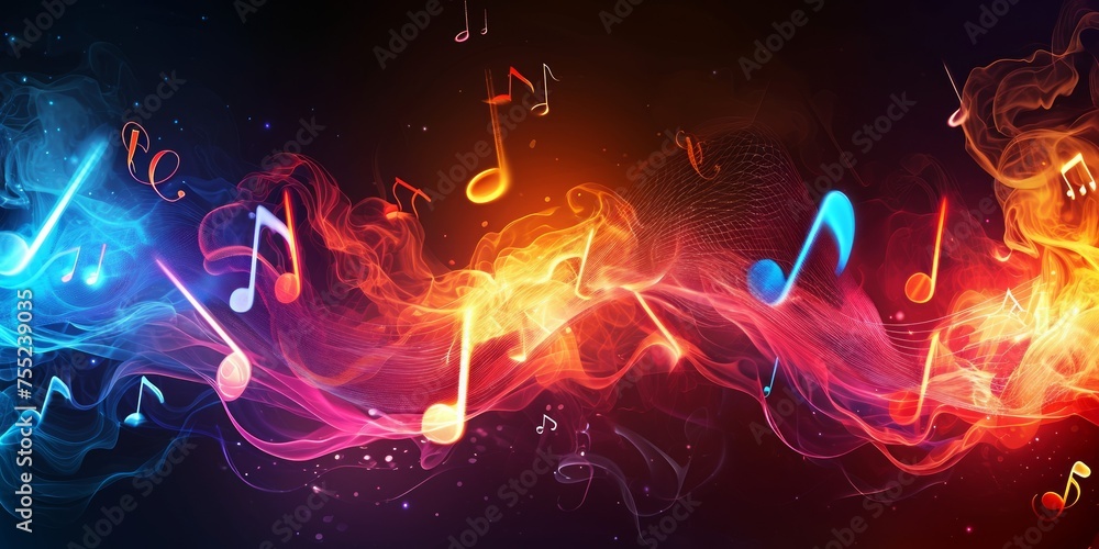 Colorful music notes flying through the air. Brightly colored music ...