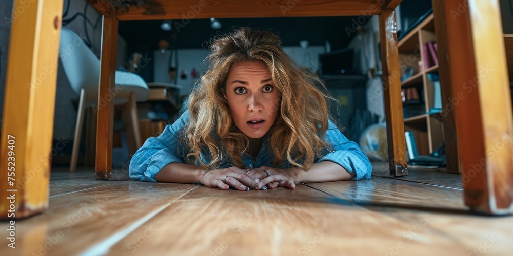A woman is sitting on the floor of a cluttered and disorganized room ...