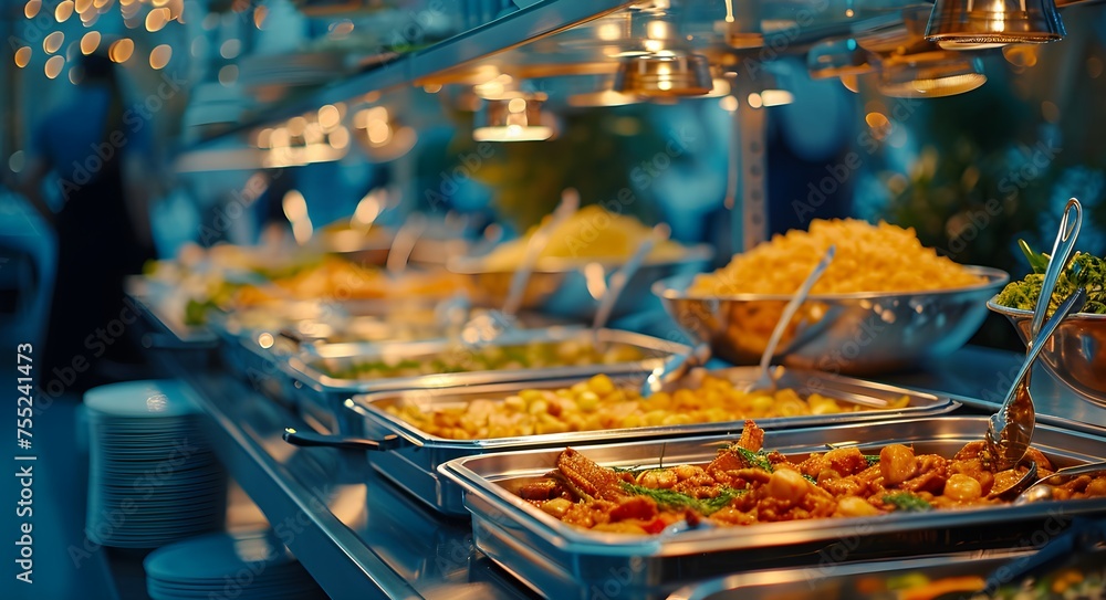 variety of food in metal trays on a buffet, restaurant, hotel ...