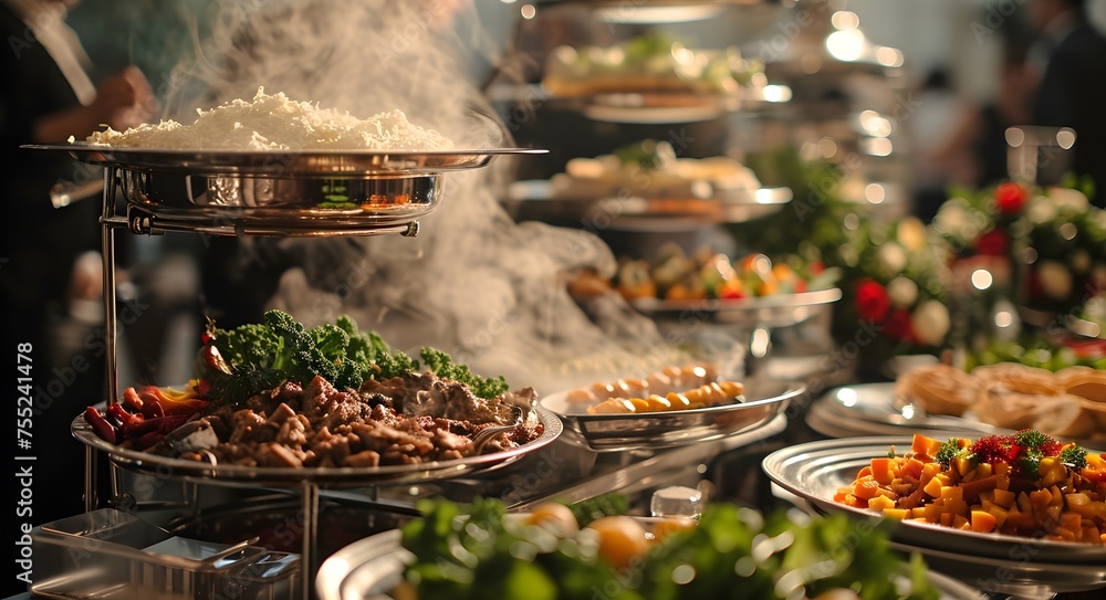 variety of food in metal trays on a buffet, restaurant, hotel ...