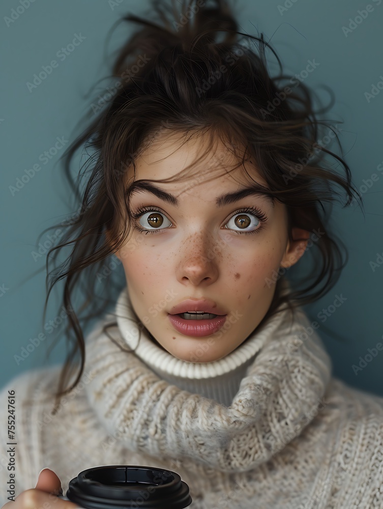 Portrait of female influencer holding a cup of coffee with surprising ...