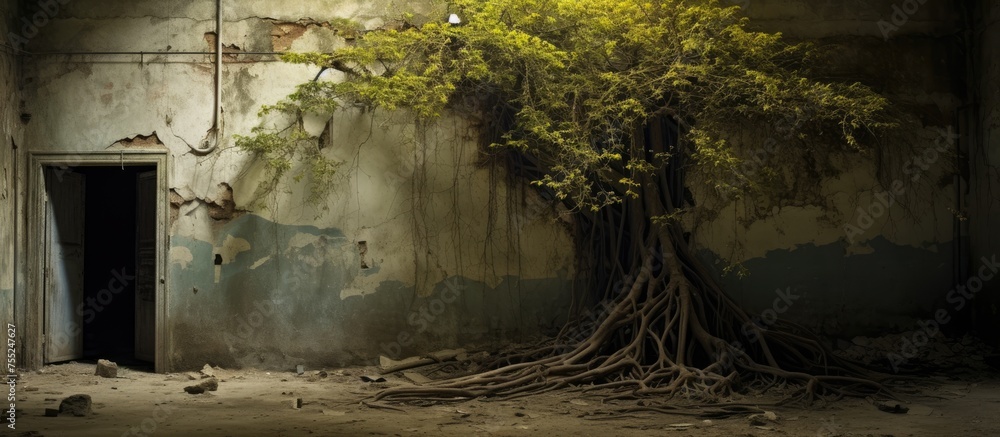 A tree is seen sprouting from the side of an old, deserted building ...
