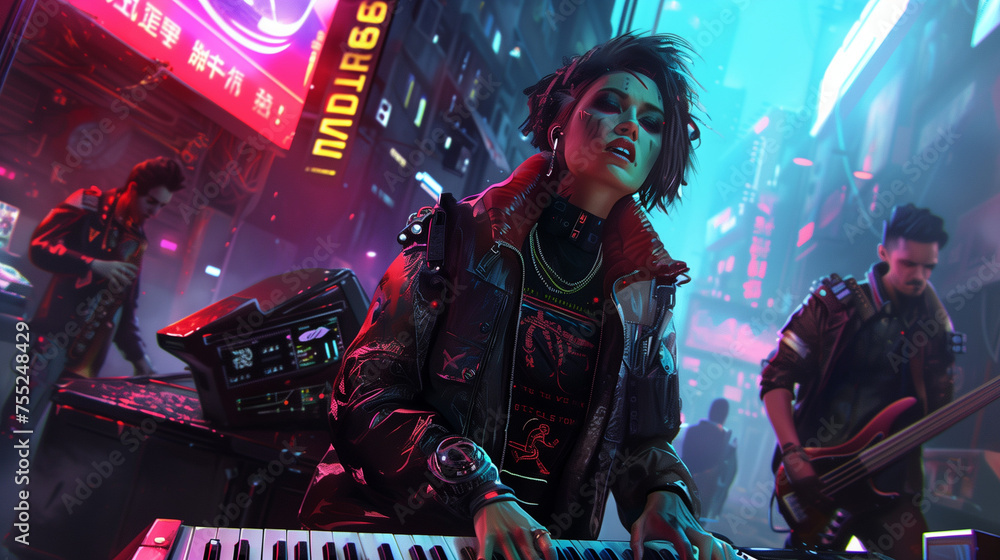 In a cyberpunk future, a woman with short hair, clad in a leather ...