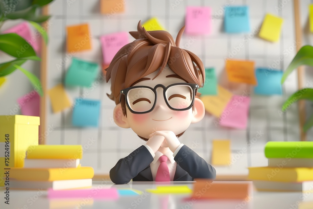 Cute Animated Male Employee Sitting at Desk with Laptop, To provide a ...