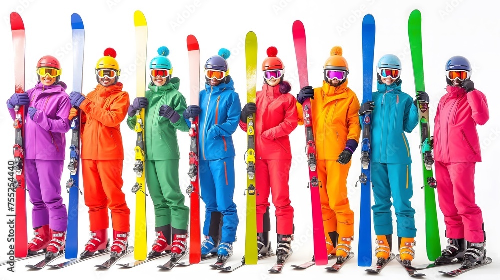 Diverse group of happy skiers in a row, wearing colorful ski outfit ...