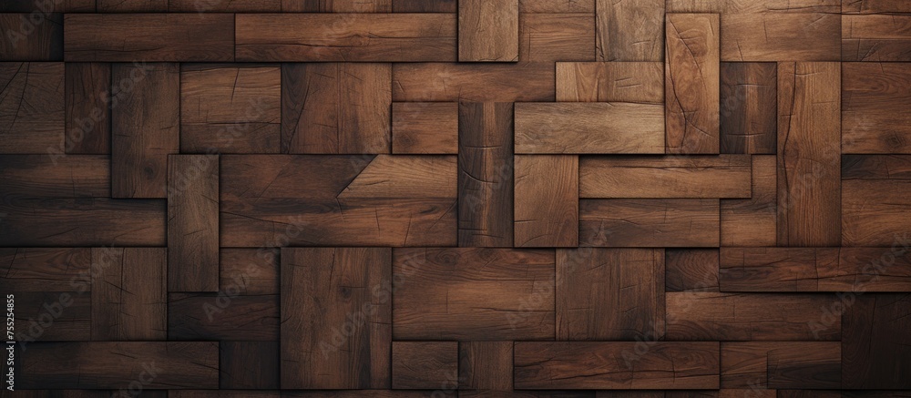 A wooden wall featuring a repetitive pattern of squares in various ...