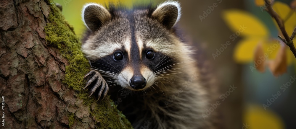 A Carnivore from the Procyonidae family, the raccoon with whiskers and ...