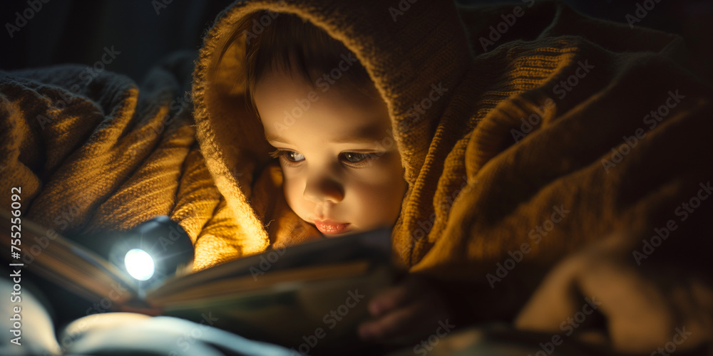 Little child reading a book, under the covers | A child gazing at a ...
